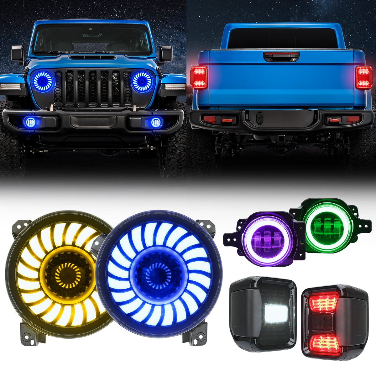 Suparee Jeep JT 9" LED RGBW Headlights & Fog Lights & LED Tail Lights ...